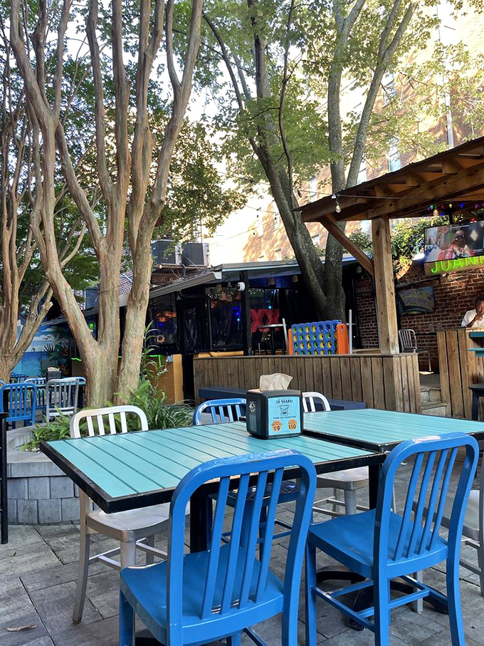 The outdoor patio offers a slice of Charleston heaven—dappled sunlight through trees, turquoise tables, and the promise of tacos.