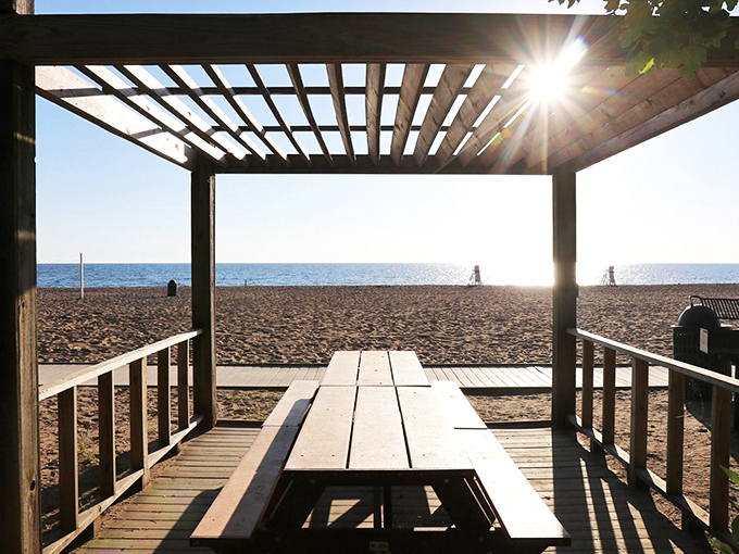 Beachside dining with million-dollar views. This simple picnic spot transforms ordinary sandwiches into gourmet experiences—the secret ingredient is that horizon.