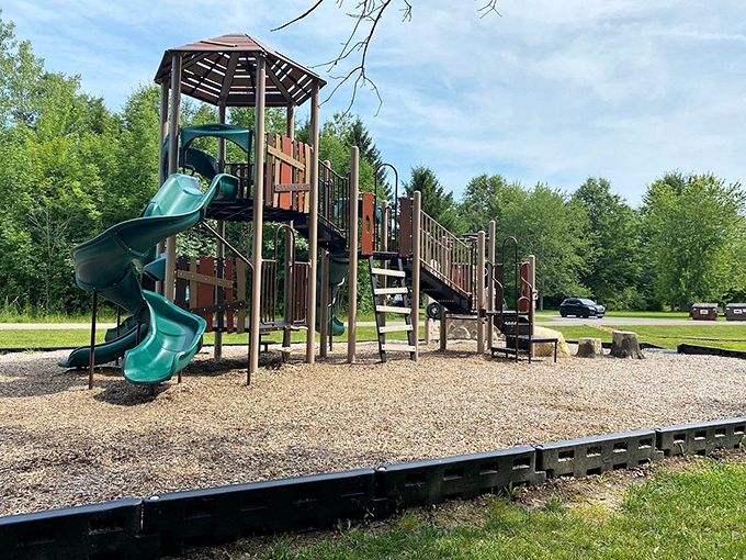 Childhood joy engineered in wood and plastic – this playground promises adventure for the younger explorers while parents enjoy a moment's peace.