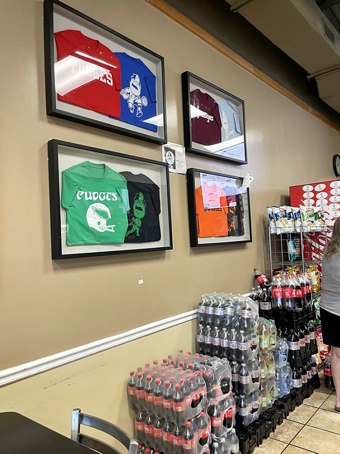 Local pride on display. These framed shirts tell stories of community connections – the sign of a true neighborhood institution.