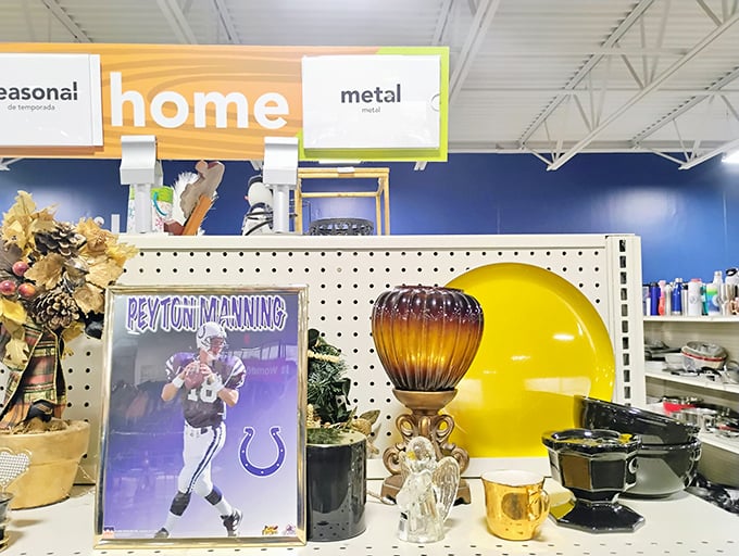 Peyton Manning watches over an eclectic collection of home goods—Indiana sports memorabilia mingles with everyday treasures.