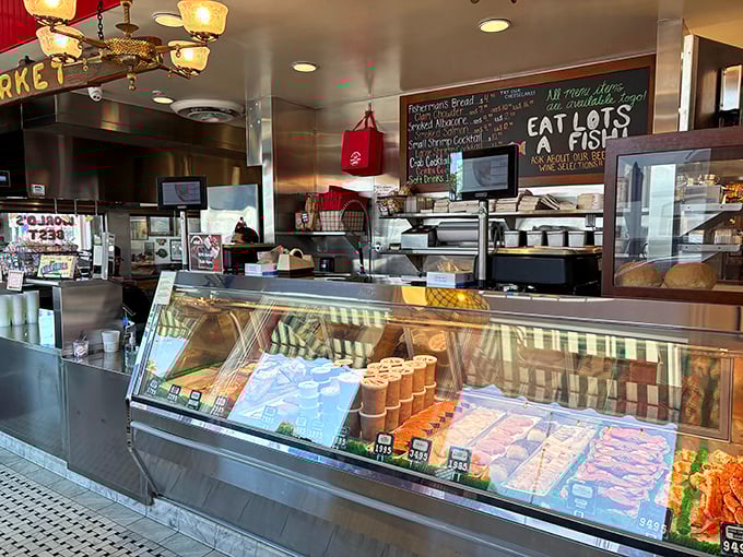 The service counter buzzes with organized efficiency, where fresh seafood dreams become delicious reality.
