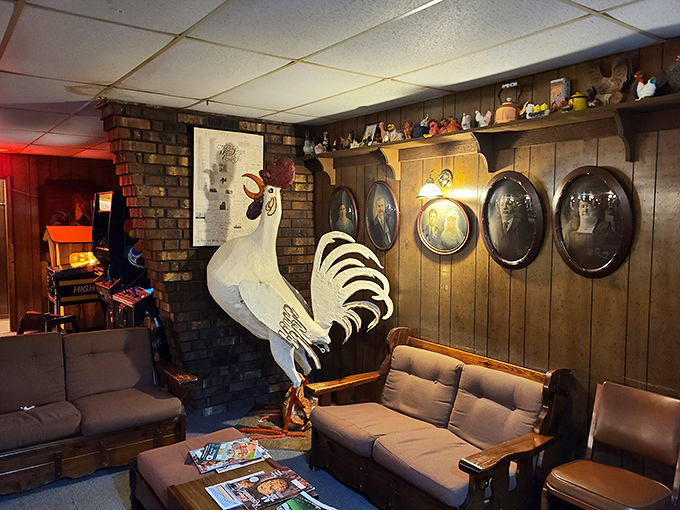 The waiting area features chicken-themed decor that lets you know immediately – you've come to the right place for poultry perfection.
