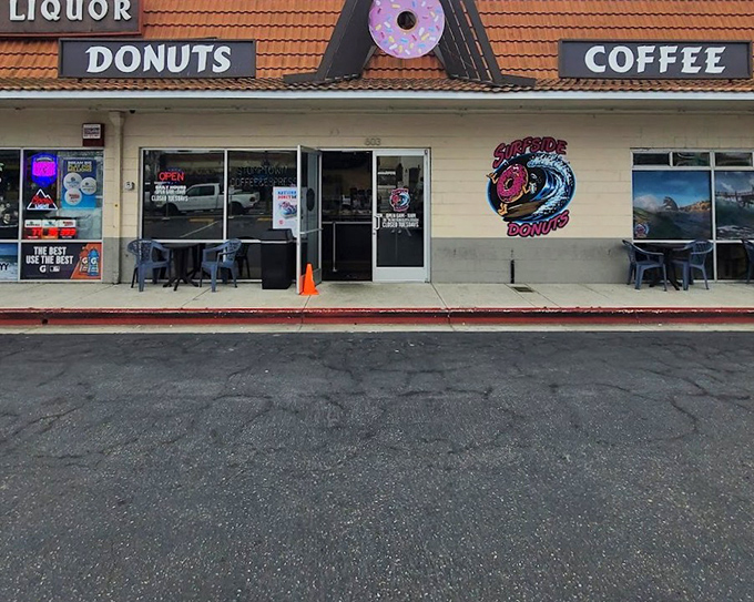 That surfing donut logo says it all – beach vibes and sweet treats in perfect harmony.