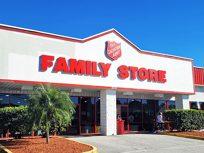 Salvation Army's classic red and white color scheme – as iconic as a vintage Coca-Cola sign and just as welcoming.