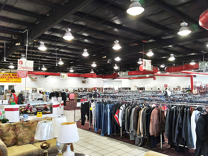 Spacious interior with enough clothing racks to outfit a small country – all organized for maximum shopping efficiency!
