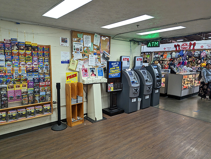 The modern meets the vintage—ATMs stand ready for those who've spotted that must-have item but left their cash in the car.