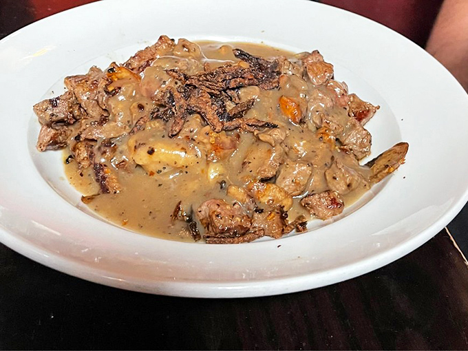 This creamy bowl of beef tips isn't winning any beauty contests, but it's definitely taking home the trophy for flavor.