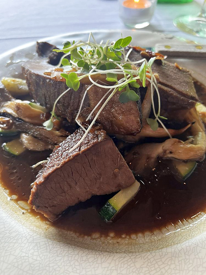 Tender bison brisket swimming in rich gravy alongside seasonal vegetables—a dish that honors both the land and the skilled hands that prepared it.