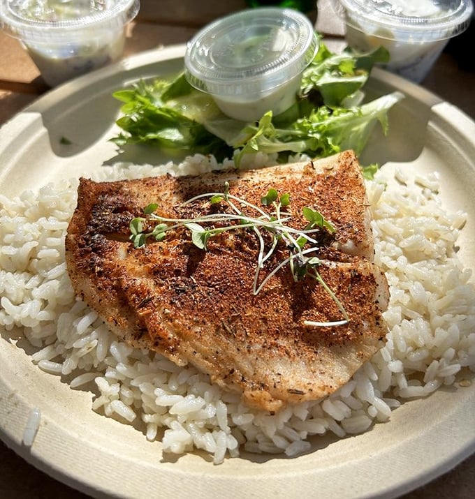 This blackened fish doesn't just sit on rice – it lounges there like it owns the place, wearing its spices with pride.