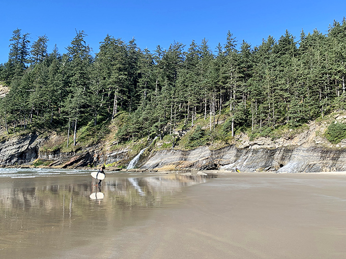 Towering evergreens cling to cliffs with determination that would impress any yoga instructor. Talk about finding your balance!