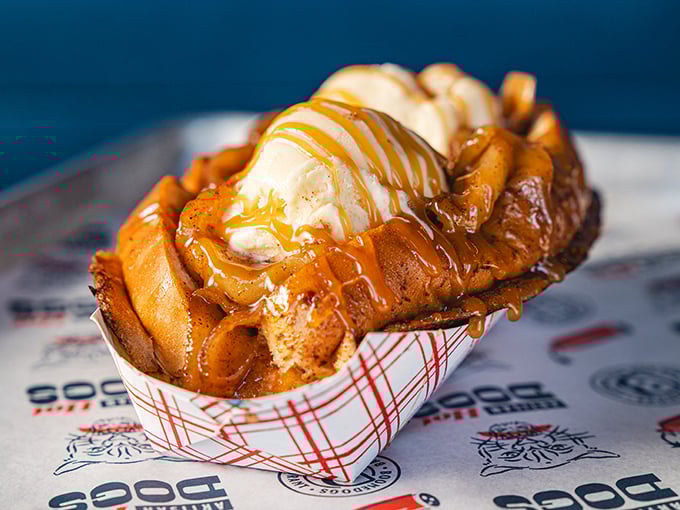This waffle dessert doesn't know if it's breakfast, dessert, or an edible hug—the ice cream melting into warm caramelized goodness defies categorization.