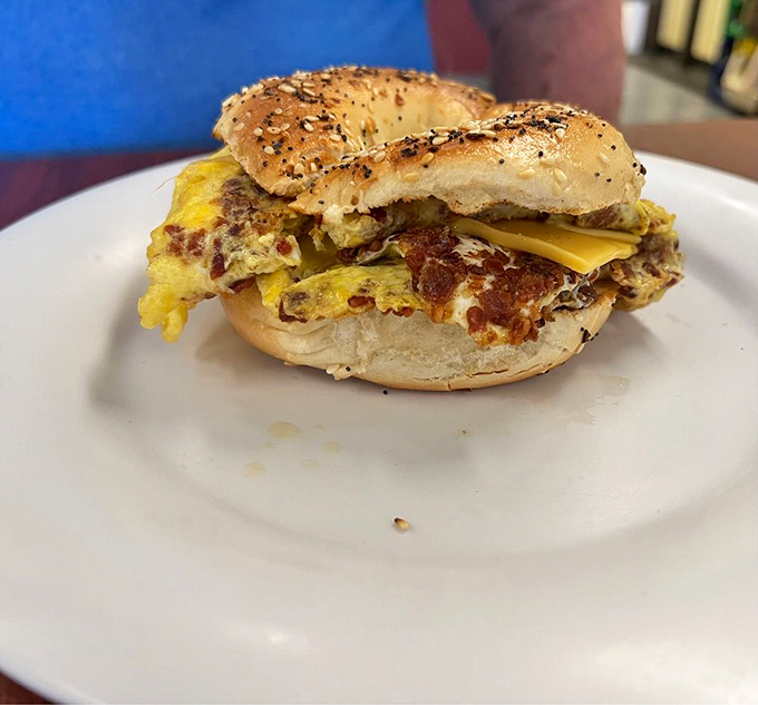 The breakfast sandwich – proof that sometimes the simplest combination of eggs, cheese and bagel creates morning magic worth getting up for.