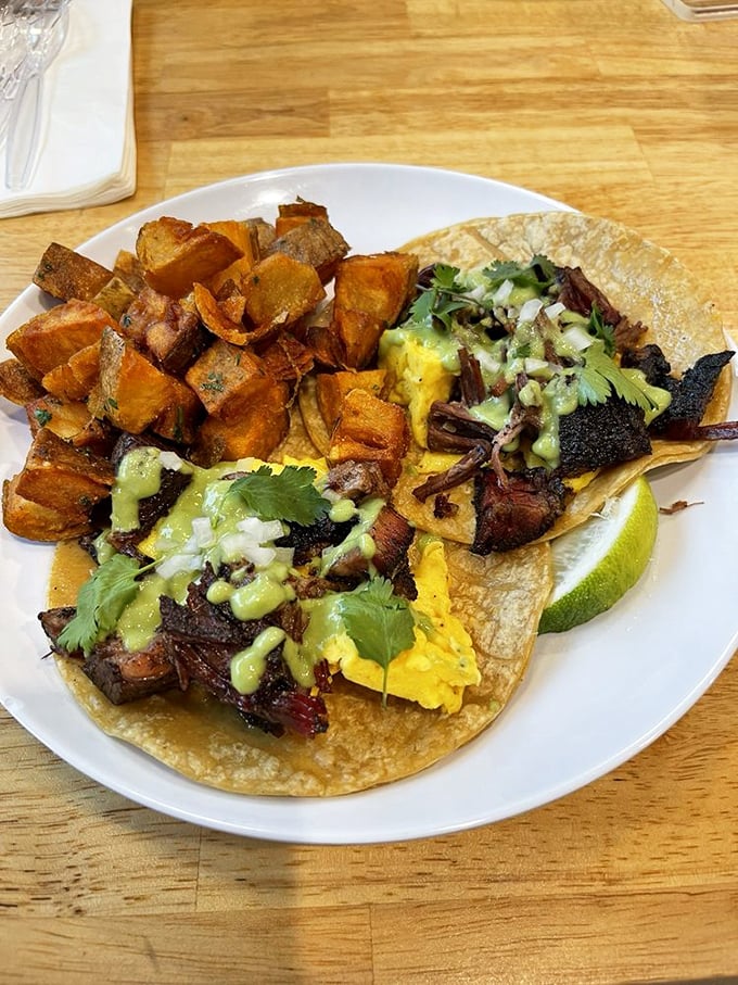 Breakfast tacos that make you question why cereal was ever invented. The crispy potatoes are just showing off.