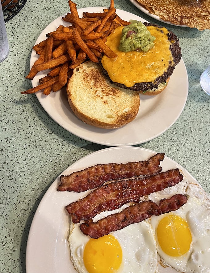The burger and eggs plate that answers the eternal question: "Why choose between breakfast and lunch when you can have both?"