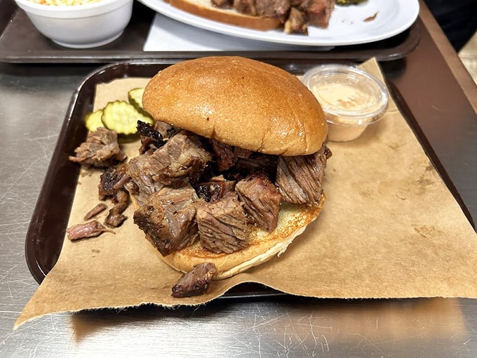 The burnt ends sandwich – Kansas City's gift to humanity. These caramelized brisket nuggets prove that sometimes the best things come from patience.