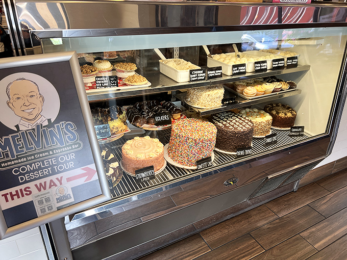 A dessert case that doesn't just tempt—it practically sings to you. That sprinkle cake is performing a full Broadway musical number.