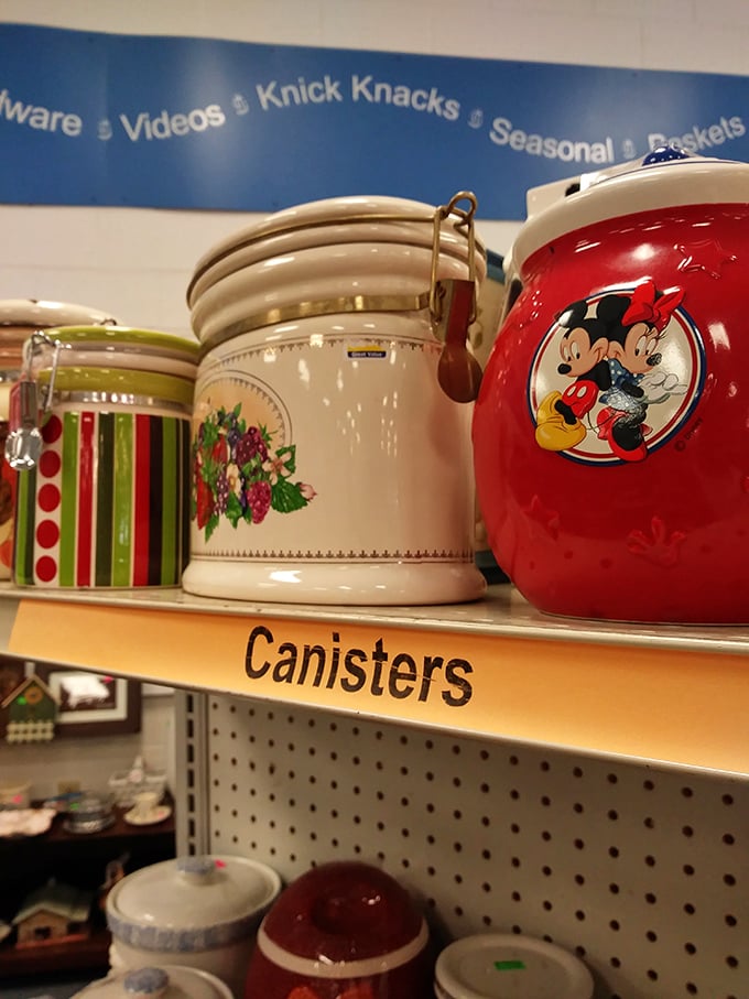 Mickey meets vintage holiday canisters in this delightful corner where Disney nostalgia and practical kitchen storage live happily ever after.