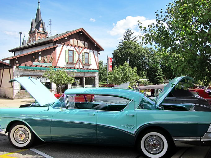 Classic cars meet classic architecture during New Glarus car shows – automotive Americana against a backdrop of Swiss precision.