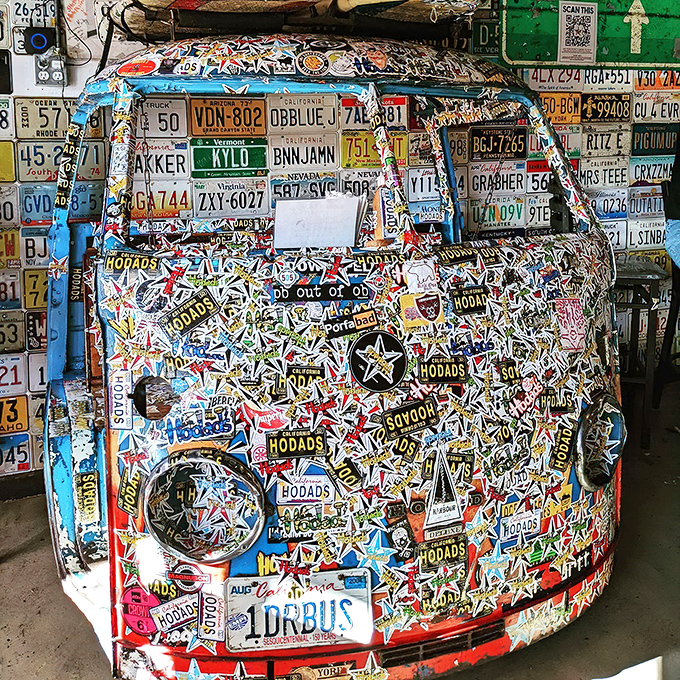 This VW bus isn't going anywhere – except maybe into burger history as the most photographed dining booth in Southern California.