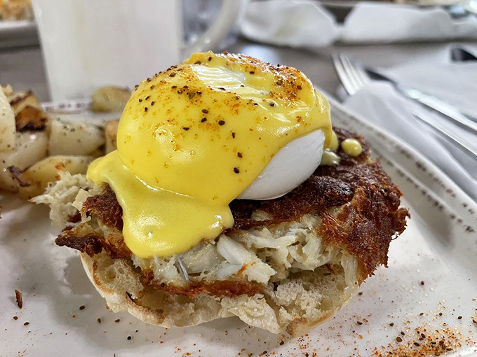 Chesapeake Benedict – Maryland's coastal bounty meets breakfast tradition. That hollandaise sauce is practically glowing with pride atop its crab cake throne.