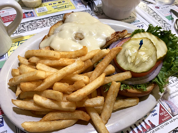 A sandwich that doesn't just satisfy hunger—it abolishes it. Melted cheese cascading over chicken with fries standing by for backup.