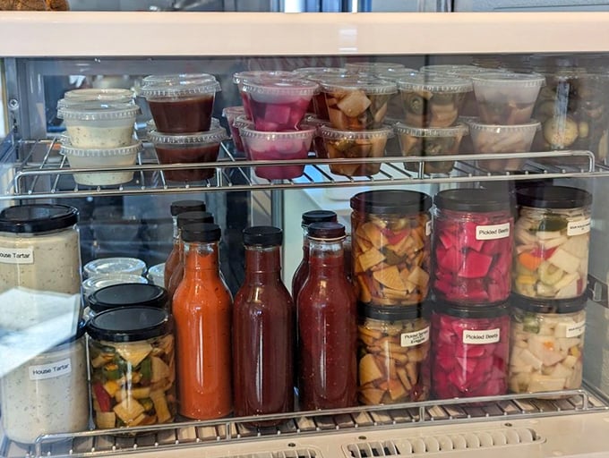 The condiment collection—a rainbow of house-made flavor enhancers waiting to take your burger experience into uncharted territory.