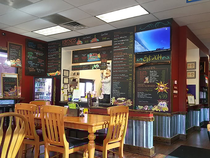 The chalkboard menu wall—where dreams are written in colorful chalk and calories don't count if you can't see the numbers.