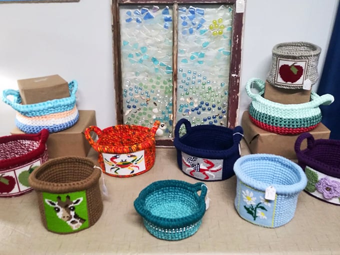 Hand-crafted baskets in cheerful colors showcase island artisanship, each stitch connecting present-day Smith Island to generations of crafters past.
