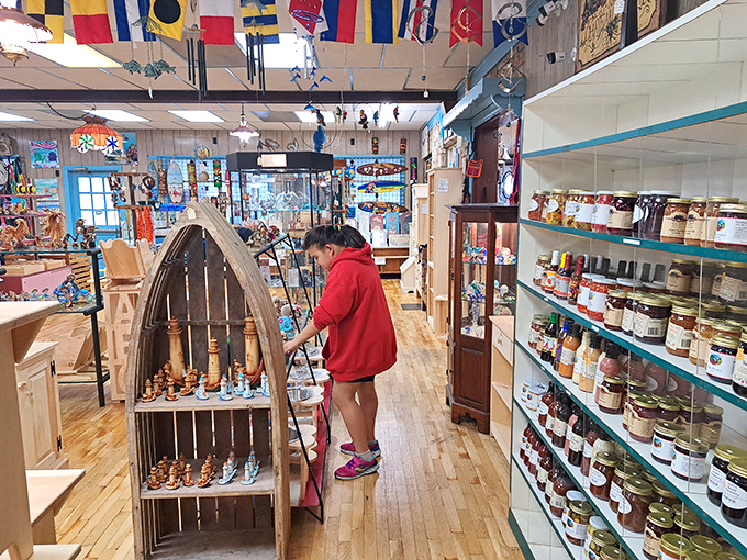 Shelves lined with jams, jellies, and local delicacies create a gastronomic library where every jar tells a different tasty story.