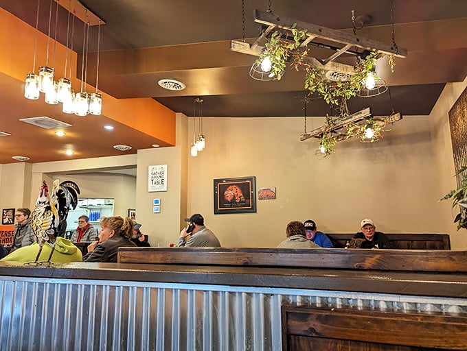 Where locals gather under rustic lighting to solve world problems one coffee refill at a time. The wood and metal decor says "stay awhile."
