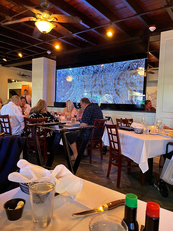 The glowing blue aquarium wall creates the perfect backdrop for dinner conversations that stretch long into the evening.