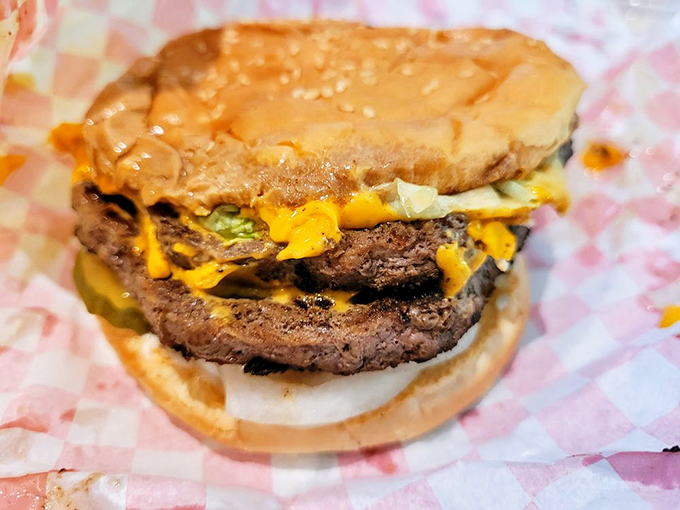 This double cheeseburger doesn't need fancy aioli or artisanal buns—it's the straightforward, two-handed burger of your childhood dreams.
