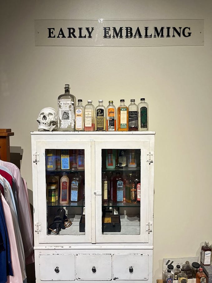 Early embalming chemicals lined up like a bartender's selection—except these cocktails were definitely not for drinking. The skull adds a nice macabre touch.