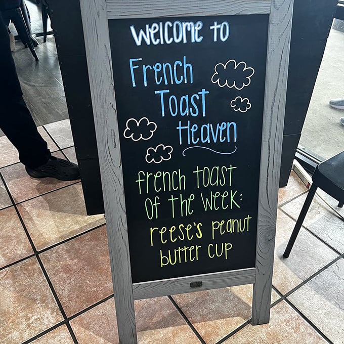 The chalkboard announces this week's special creation: Reese's Peanut Butter Cup French toast. Breakfast or dessert? Yes, please.