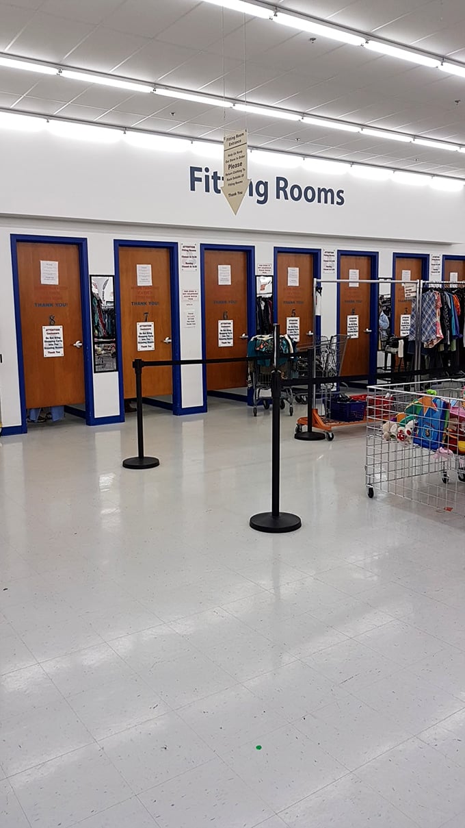 The fitting room area is clean and organized—a rare luxury in the thrift store world where trying before buying is actually pleasant.
