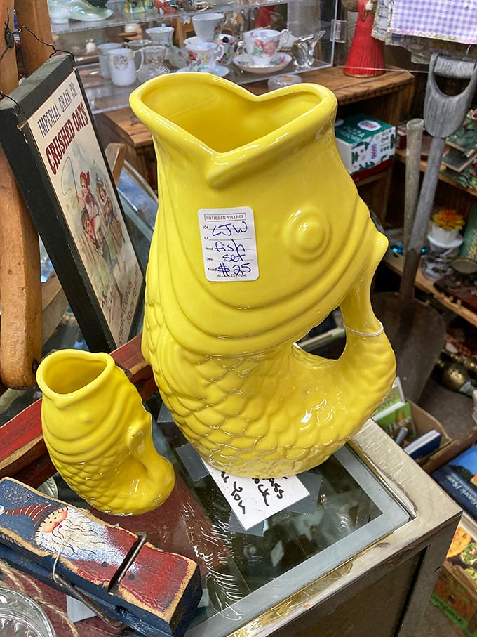 The infamous "glug-glug" fish pitcher—guaranteed to startle first-time dinner guests and become the conversation piece that never stops giving.