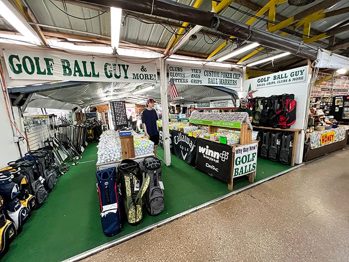 The Golf Ball Guy's kingdom, where duffers find hope in fresh equipment while their spouses pretend to be interested for exactly 90 seconds.