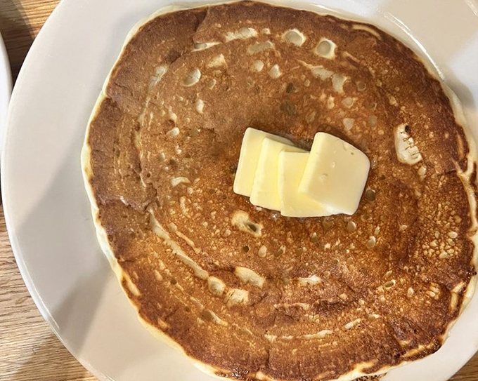 The hotcake in its natural habitat—a simple disc of perfection with melting butter creating a golden puddle of possibility.