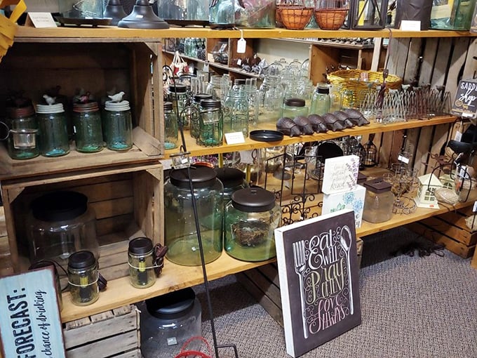 Vintage jars and country décor create a nostalgic vignette. The "Eat, Chill, Party" sign offers excellent life advice that's surprisingly easy to follow in a candy store.