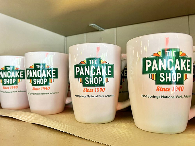 Mugs proudly displaying "Since 1940"—because when you've been making pancakes this good for that long, you've earned bragging rights.