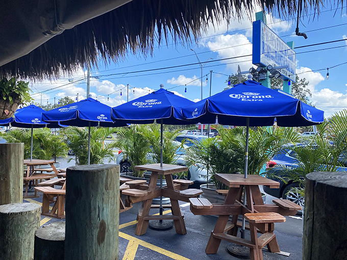 Blue umbrellas create islands of shade in the outdoor seating area—perfect for those "I could sit here all afternoon" moments.