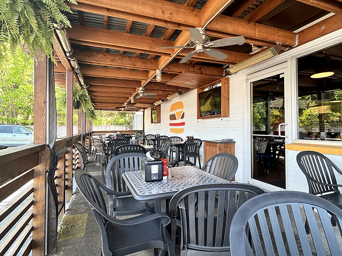 The covered patio—where fresh air enhances appetite and Arkansas weather becomes the perfect seasoning for an already stellar meal.