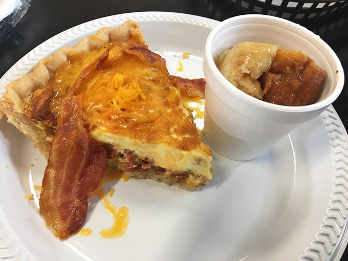This quiche and bread pudding plate is brunch perfection—protein for your conscience, dessert for your soul.