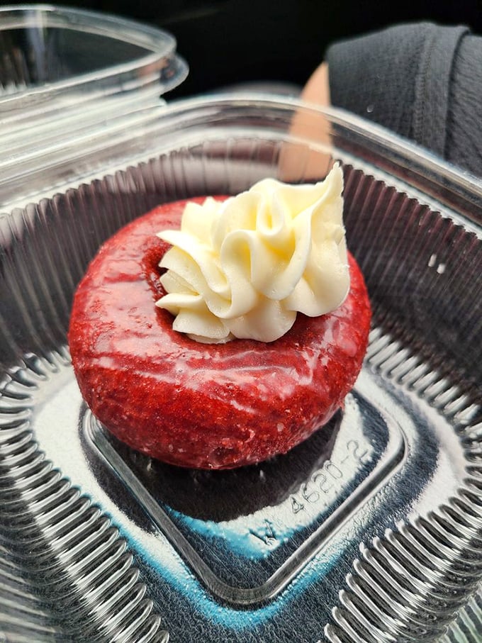 This red velvet donut with cream cheese frosting isn't just a treat—it's formal wear for your taste buds, dressed for a gala of flavor.