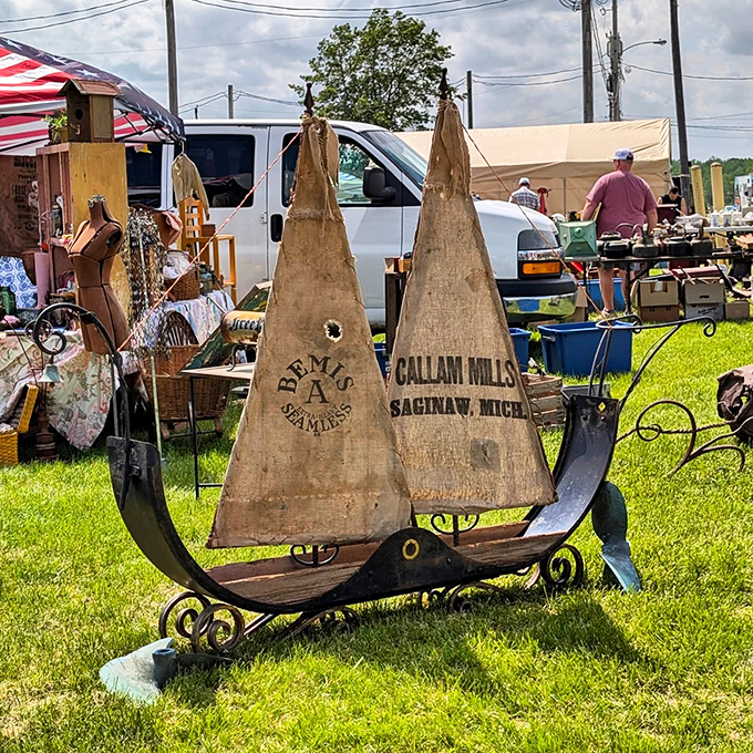 Not just a decorative boat—it's a piece of industrial history from Michigan's lumber era, sailing through time to your garden.