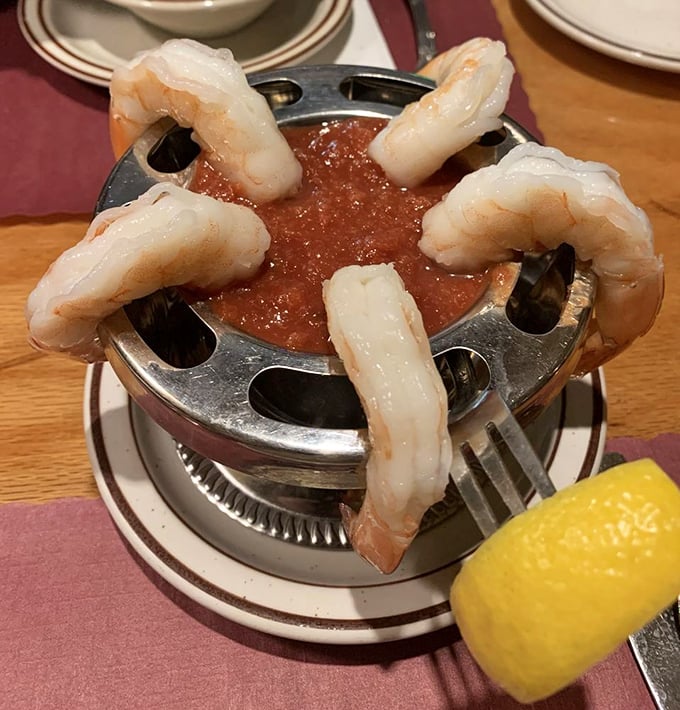 This shrimp cocktail is architectural in its presentation—a skyline of plump shrimp reaching toward that zesty sauce below.