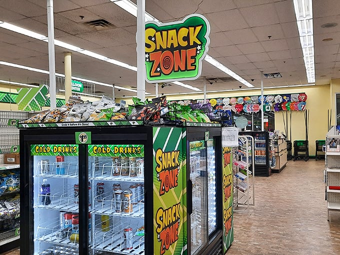 The Snack Zone in all its glory—where impulse purchases feel justified because hey, it's just a dollar (or so we tell ourselves).
