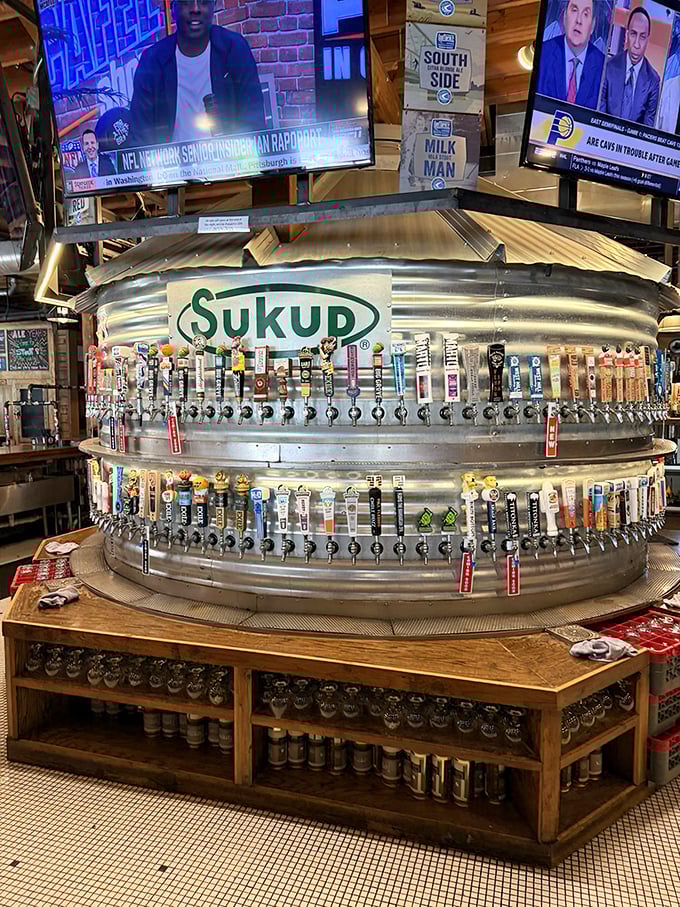 The Sukup tap system – part industrial art, part beer delivery perfection – showcases dozens of Iowa brews in a 360-degree celebration of craft.