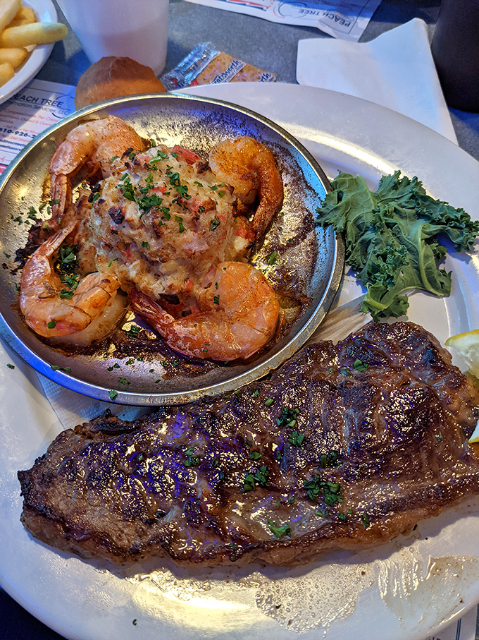 Surf meets turf in a plate that doesn't need fancy plating to impress. Those shrimp and that steak are having the best double date ever.